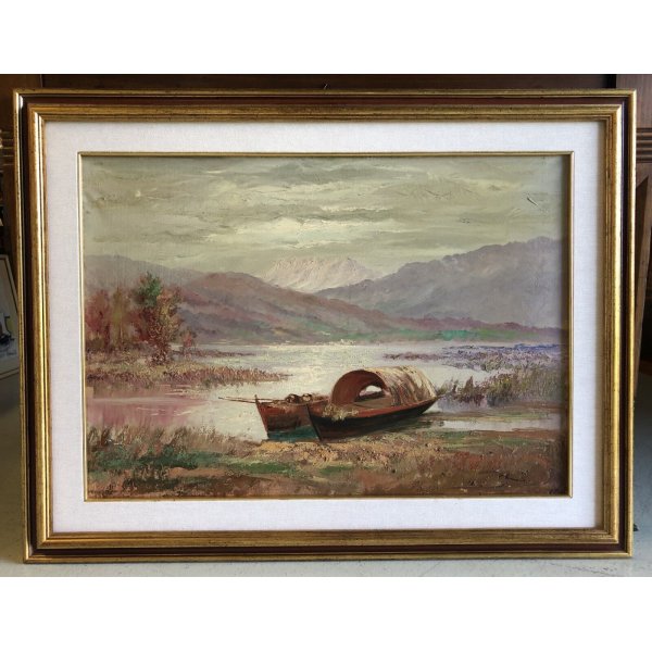 ANTICO QUADRO OLIO P. Rimoldi PAESAGGIO SCORCIO LAGO COMO BARCHE ...