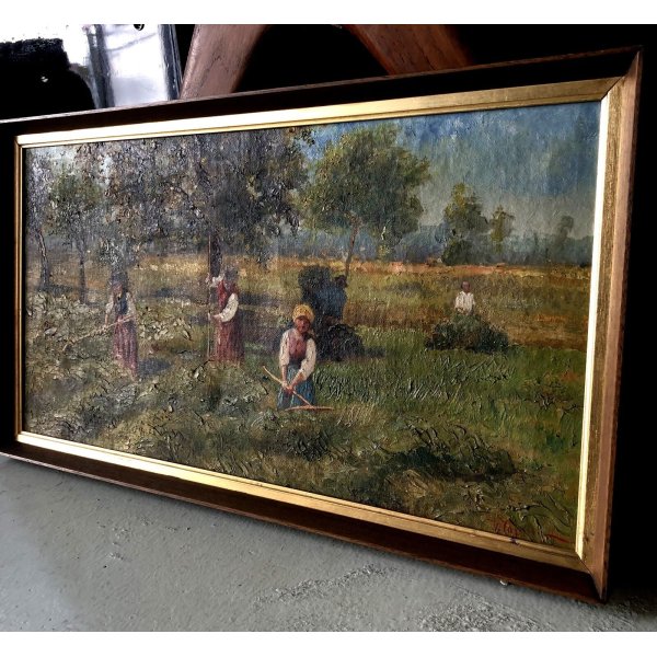 ANTICO DIPINTO OLIO V. Cajani GENERE CONTADINI CAMPAGNA RACCOLTA DEL ...