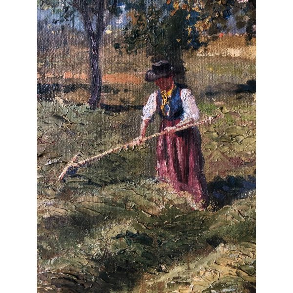 ANTICO DIPINTO OLIO V. Cajani GENERE CONTADINI CAMPAGNA RACCOLTA DEL ...